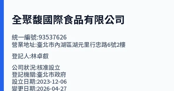 全聚馥國際食品有限公司的照片-統編 93537626(臺北市) 公司登記資料與營業項目詳細圖表
