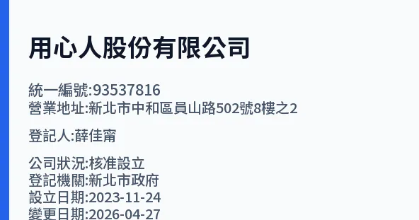 用心人股份有限公司的照片-統編 93537816(新北市) 公司登記資料與營業項目詳細圖表