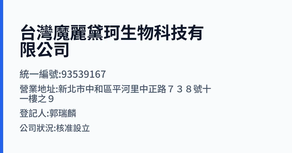 台灣魔麗黛珂生物科技有限公司 - 統編 93539167(新北市) 公司登記資料與營業項目詳細圖表
