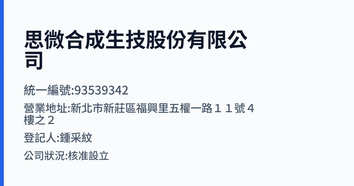 思微合成生技股份有限公司 - 統編 93539342(新北市) 公司登記資料與營業項目詳細圖表