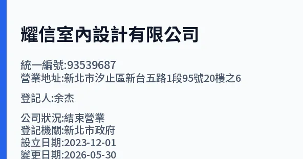 耀信室內設計有限公司的照片-統編 93539687(新北市) 公司登記資料與營業項目詳細圖表