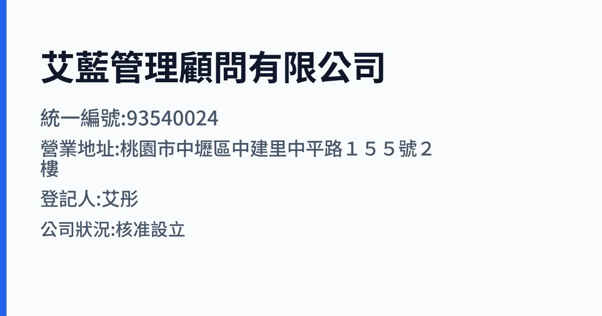艾藍管理顧問有限公司 - 統編 93540024(新北市) 公司登記資料與營業項目詳細圖表