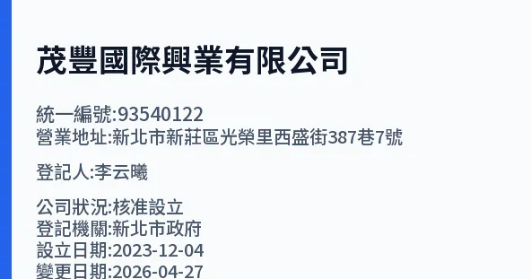 茂豐國際興業有限公司的照片-統編 93540122(新北市) 公司登記資料與營業項目詳細圖表