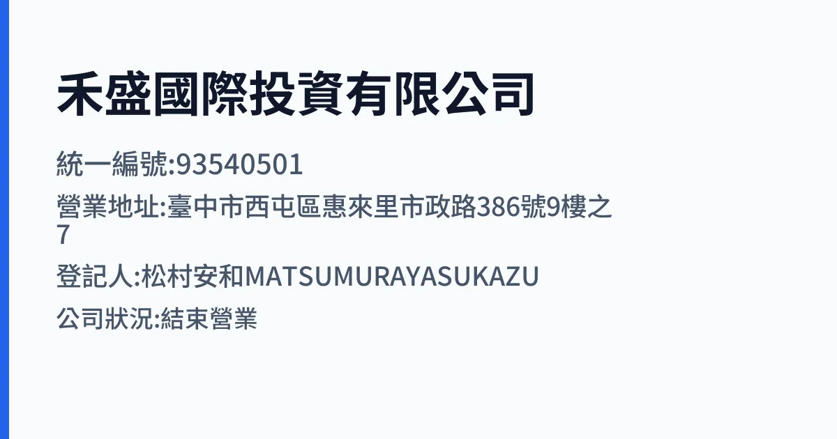 禾盛國際投資有限公司 - 統編 93540501(臺中市) 公司登記資料與營業項目詳細圖表