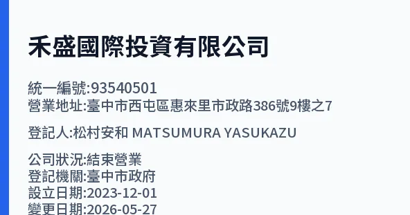 禾盛國際投資有限公司的照片-統編 93540501(臺中市) 公司登記資料與營業項目詳細圖表