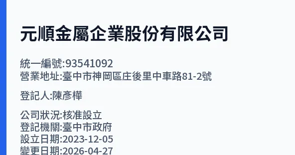 元順金屬企業股份有限公司的照片-統編 93541092(臺中市) 公司登記資料與營業項目詳細圖表
