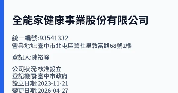 全能家健康事業股份有限公司的照片-統編 93541332(臺中市) 公司登記資料與營業項目詳細圖表