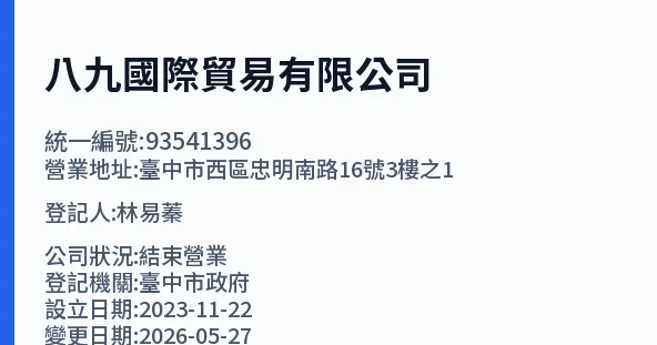 八九國際貿易有限公司的照片-統編 93541396(臺中市) 公司登記資料與營業項目詳細圖表