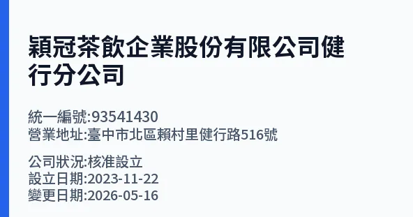 穎冠茶飲企業股份有限公司健行分公司的照片-統編 93541430(臺中市) 公司登記資料與營業項目詳細圖表