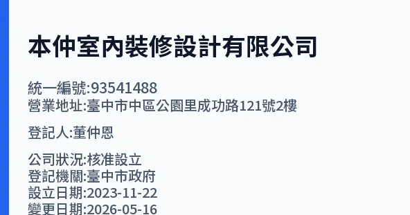 本仲室內裝修設計有限公司的照片-統編 93541488(臺中市) 公司登記資料與營業項目詳細圖表