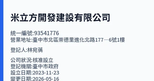 米立方開發建設有限公司的照片-統編 93541776(臺中市) 公司登記資料與營業項目詳細圖表