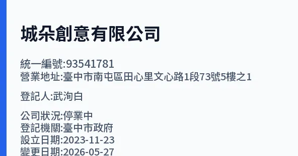 城朵創意有限公司的照片-統編 93541781(臺中市) 公司登記資料與營業項目詳細圖表