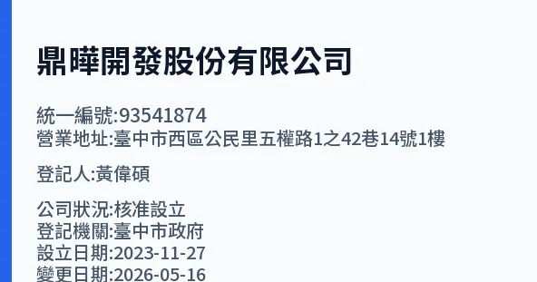 鼎曄開發股份有限公司的照片-統編 93541874(臺中市) 公司登記資料與營業項目詳細圖表