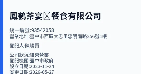 鳳鶴茶宴糛餐食有限公司的照片-統編 93542058(臺中市) 公司登記資料與營業項目詳細圖表