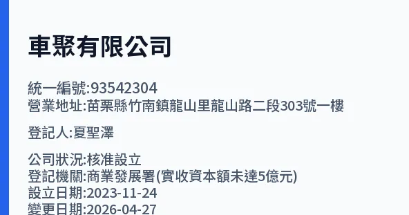 車聚有限公司的照片-統編 93542304(苗栗縣) 公司登記資料與營業項目詳細圖表