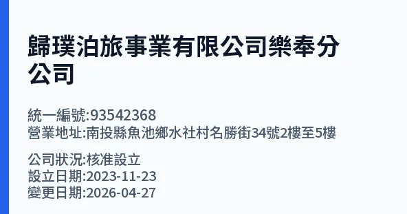 歸璞泊旅事業有限公司樂奉分公司的照片-統編 93542368(南投縣) 公司登記資料與營業項目詳細圖表