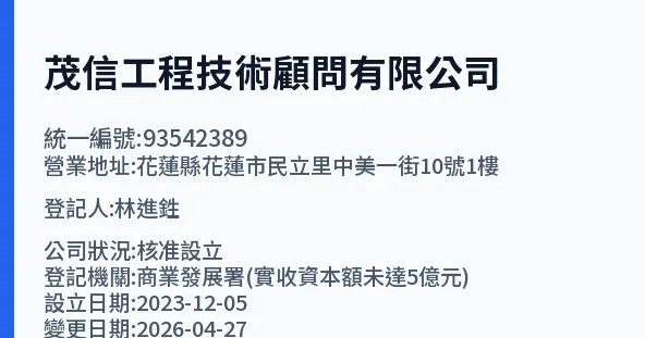 茂信工程技術顧問有限公司的照片-統編 93542389(花蓮縣) 公司登記資料與營業項目詳細圖表