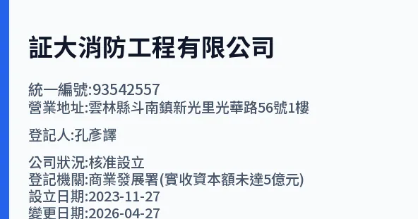 証大消防工程有限公司的照片-統編 93542557(雲林縣) 公司登記資料與營業項目詳細圖表