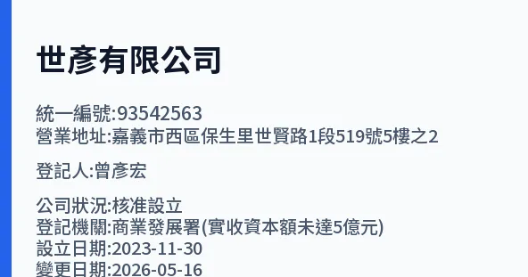 世彥有限公司的照片-統編 93542563(嘉義市) 公司登記資料與營業項目詳細圖表