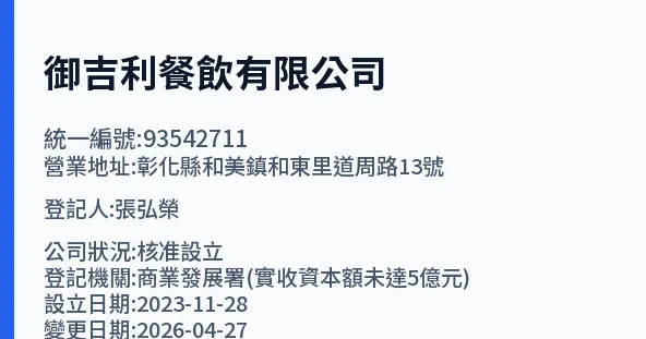 御吉利餐飲有限公司的照片-統編 93542711(彰化縣) 公司登記資料與營業項目詳細圖表