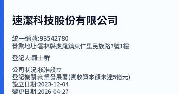 速潔科技股份有限公司的照片-統編 93542780(雲林縣) 公司登記資料與營業項目詳細圖表