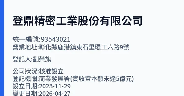 登鼎精密工業股份有限公司的照片-統編 93543021(彰化縣) 公司登記資料與營業項目詳細圖表