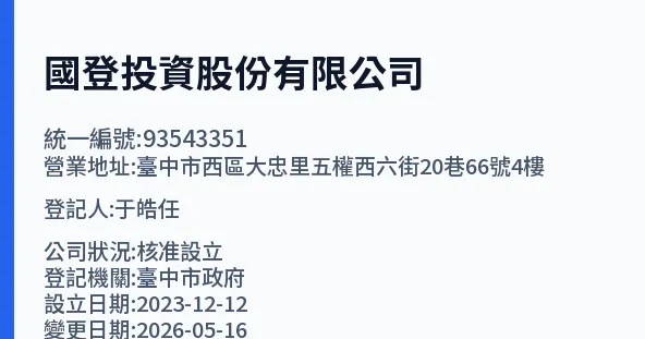 國登投資股份有限公司的照片-統編 93543351(臺中市) 公司登記資料與營業項目詳細圖表