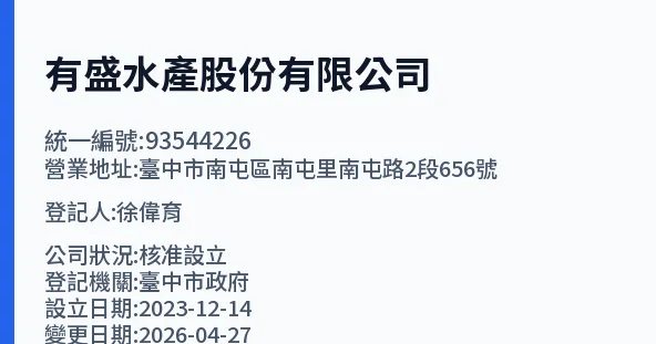 有盛水產股份有限公司的照片-統編 93544226(臺中市) 公司登記資料與營業項目詳細圖表