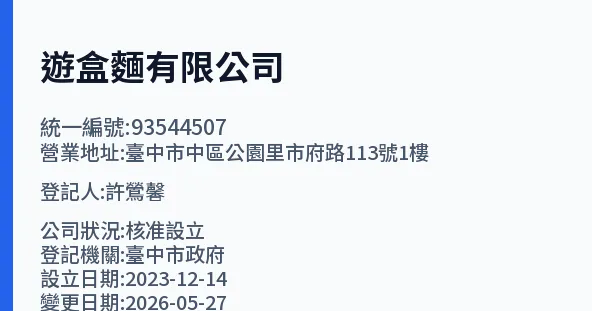 遊盒麵有限公司的照片-統編 93544507(臺中市) 公司登記資料與營業項目詳細圖表