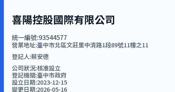 喜陽控股國際有限公司的照片-統編 93544577(臺中市) 公司登記資料與營業項目詳細圖表
