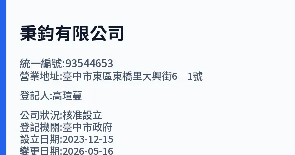 秉鈞有限公司的照片-統編 93544653(臺中市) 公司登記資料與營業項目詳細圖表