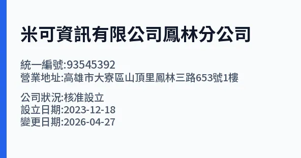 米可資訊有限公司鳳林分公司的照片-統編 93545392(高雄市) 公司登記資料與營業項目詳細圖表