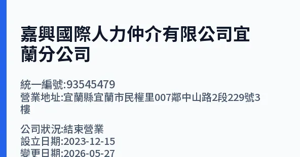 嘉興國際人力仲介有限公司宜蘭分公司的照片-統編 93545479(宜蘭縣) 公司登記資料與營業項目詳細圖表