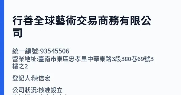 行善全球藝術交易商務有限公司的照片-統編 93545506(臺南市) 公司登記資料與營業項目詳細圖表