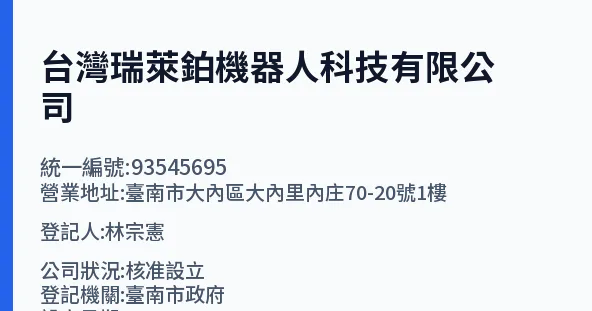 台灣瑞萊鉑機器人科技有限公司的照片-統編 93545695(臺南市) 公司登記資料與營業項目詳細圖表