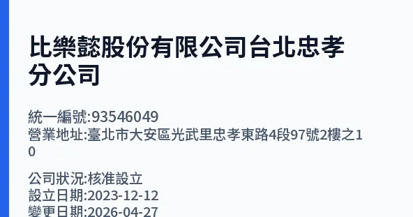 比樂懿股份有限公司台北忠孝分公司的照片-統編 93546049(臺北市) 公司登記資料與營業項目詳細圖表