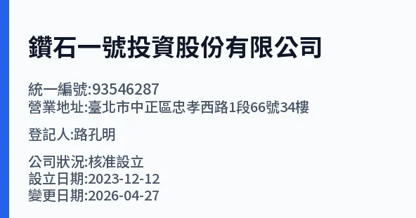 鑽石一號投資股份有限公司的照片-統編 93546287(臺北市) 公司登記資料與營業項目詳細圖表