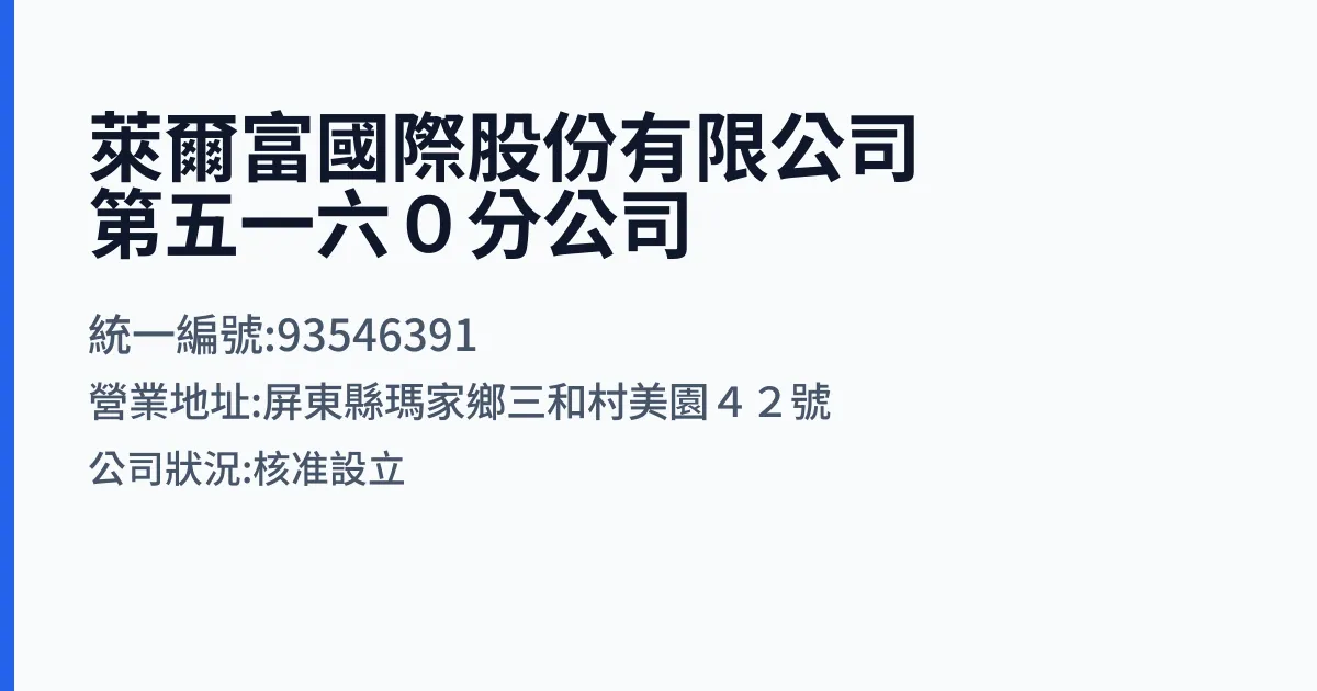 萊爾富國際股份有限公司第五一六0分公司 - 統編 93546391(屏東縣) 公司登記資料與營業項目詳細圖表