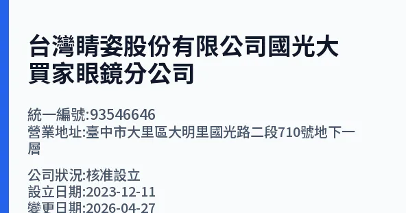 台灣睛姿股份有限公司國光大買家眼鏡分公司的照片-統編 93546646(臺中市) 公司登記資料與營業項目詳細圖表