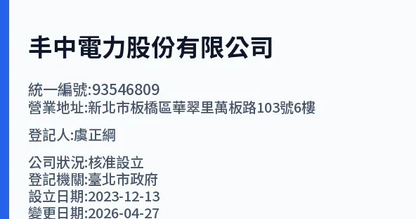 丰中電力股份有限公司的照片-統編 93546809(新北市) 公司登記資料與營業項目詳細圖表