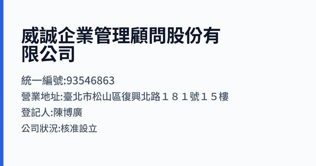 威誠企業管理顧問股份有限公司 - 統編 93546863(臺北市) 公司登記資料與營業項目詳細圖表