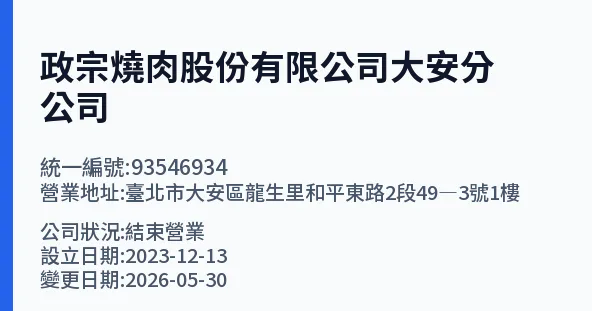 政宗燒肉股份有限公司大安分公司的照片-統編 93546934(臺北市) 公司登記資料與營業項目詳細圖表