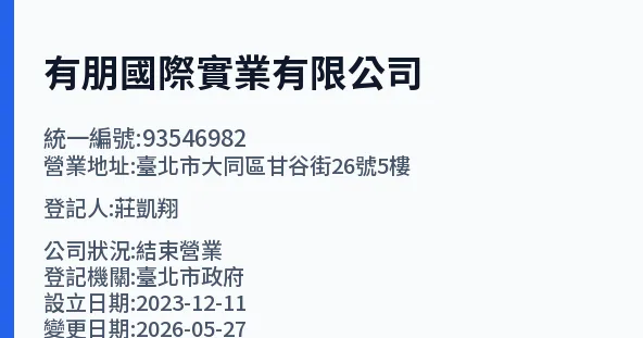 有朋國際實業有限公司的照片-統編 93546982(臺北市) 公司登記資料與營業項目詳細圖表