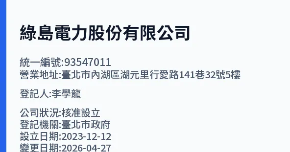 綠島電力股份有限公司的照片-統編 93547011(臺北市) 公司登記資料與營業項目詳細圖表
