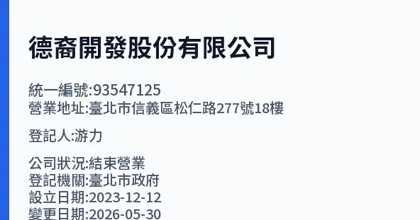 德裔開發股份有限公司的照片-統編 93547125(臺北市) 公司登記資料與營業項目詳細圖表