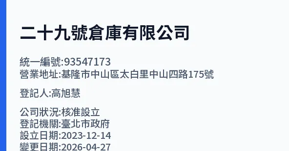 二十九號倉庫有限公司的照片-統編 93547173(基隆市) 公司登記資料與營業項目詳細圖表