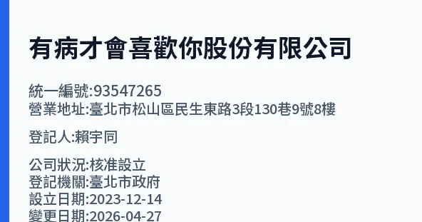 有病才會喜歡你股份有限公司的照片-統編 93547265(臺北市) 公司登記資料與營業項目詳細圖表