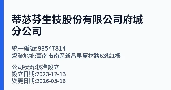 蒂苾芬生技股份有限公司府城分公司的照片-統編 93547814(臺南市) 公司登記資料與營業項目詳細圖表