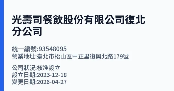 光壽司餐飲股份有限公司復北分公司的照片-統編 93548095(臺北市) 公司登記資料與營業項目詳細圖表