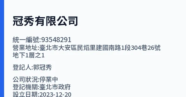 冠秀有限公司的照片-統編 93548291(臺北市) 公司登記資料與營業項目詳細圖表